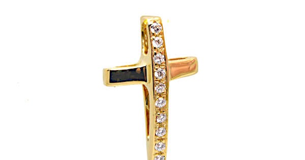 Yellow Gold Vertical Cross with 10 Round Diamonds